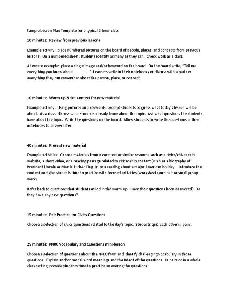 2-Hour Class Lesson Plan Template 2 | PDF | Lesson Plan | Linguistics