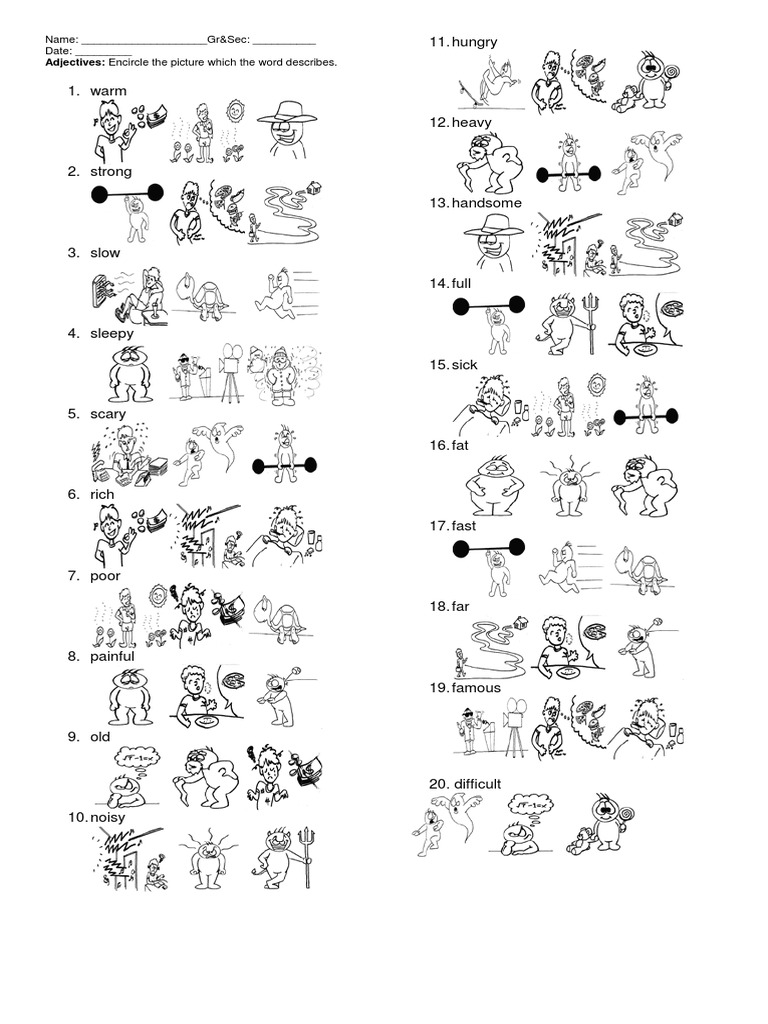 Hungry: Adjectives: Encircle The Picture Which The Word Describes | PDF ...