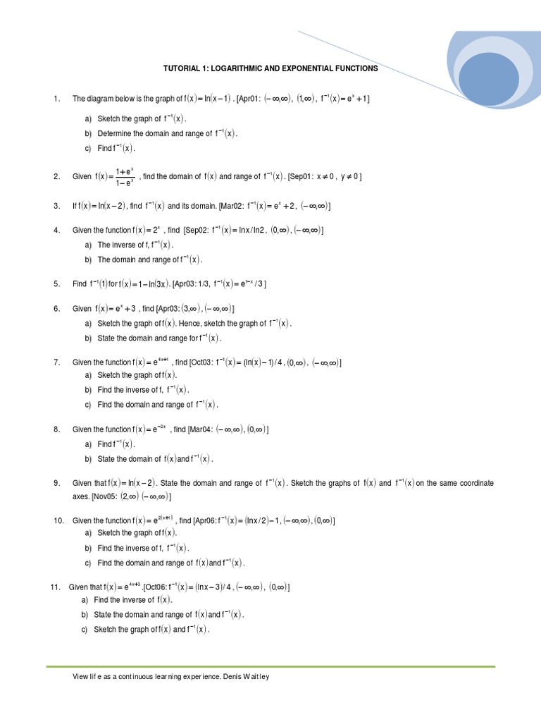 Tutorial1 Logarithmic and Exponential Functions | PDF | Function (Mathematics) | Combinatorics