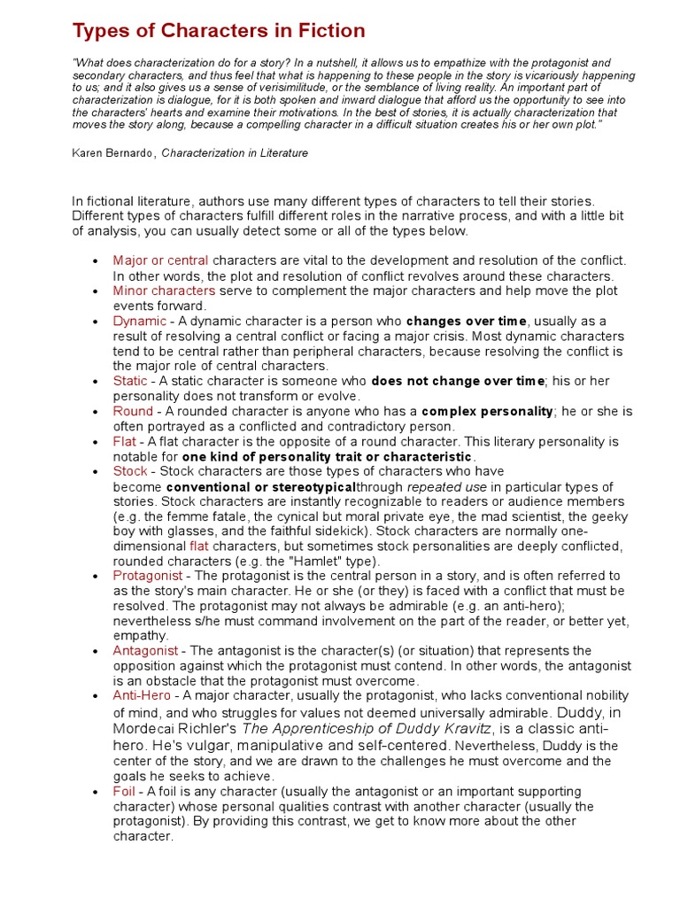 Types of Characters in Fiction | PDF | Plot (Narrative) | Psychological ...