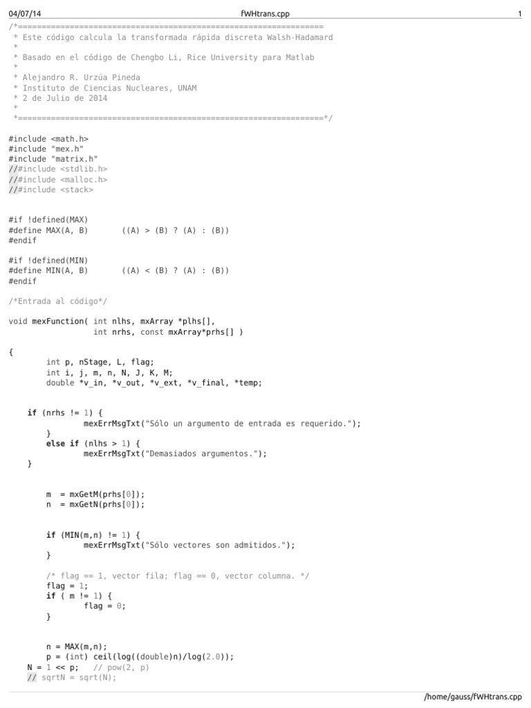 (C++) Algoritmo de Cálculo de La Transformada Rápida Discreta de Walsh-Hadamard | PDF
