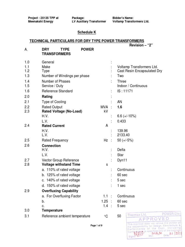 1.6 Mva Dry Type Transformer | PDF | Transformer | Electrical Impedance