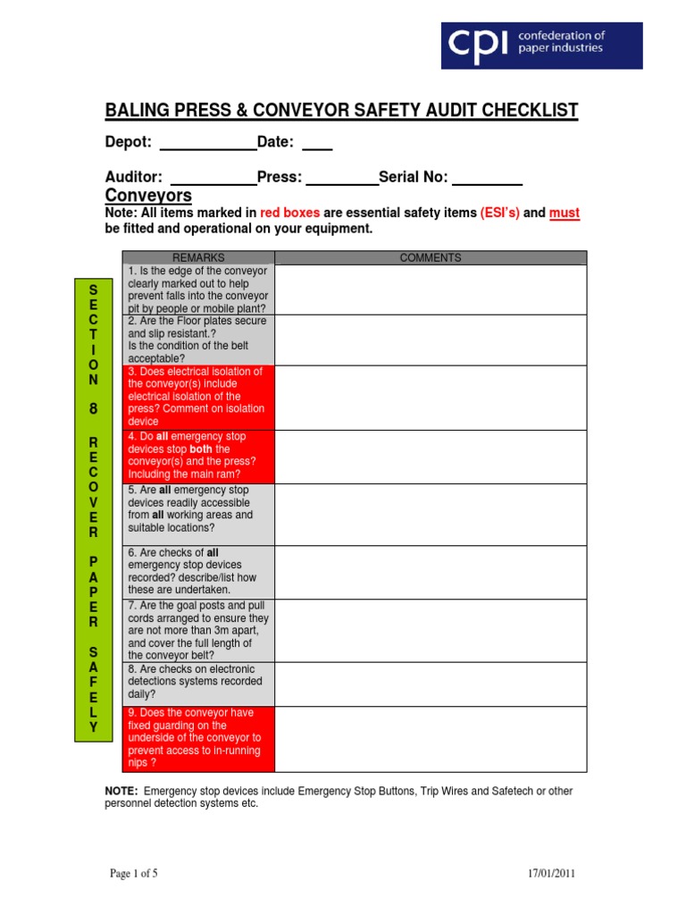 CPI Baler Safety Audit Checklist | Manufactured Goods | Technology ...
