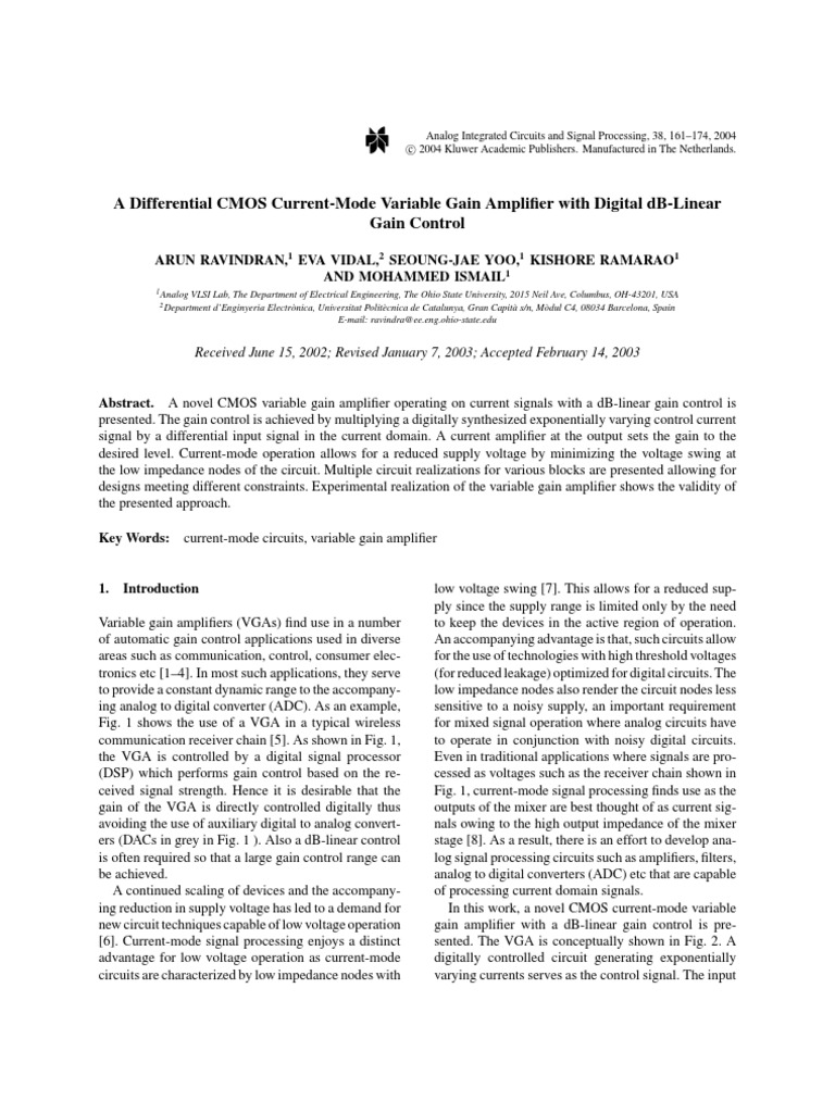 A Differential CMOS Current-Mode Variable Gain Amplifier With Digital dB-Linear Gain Control ...