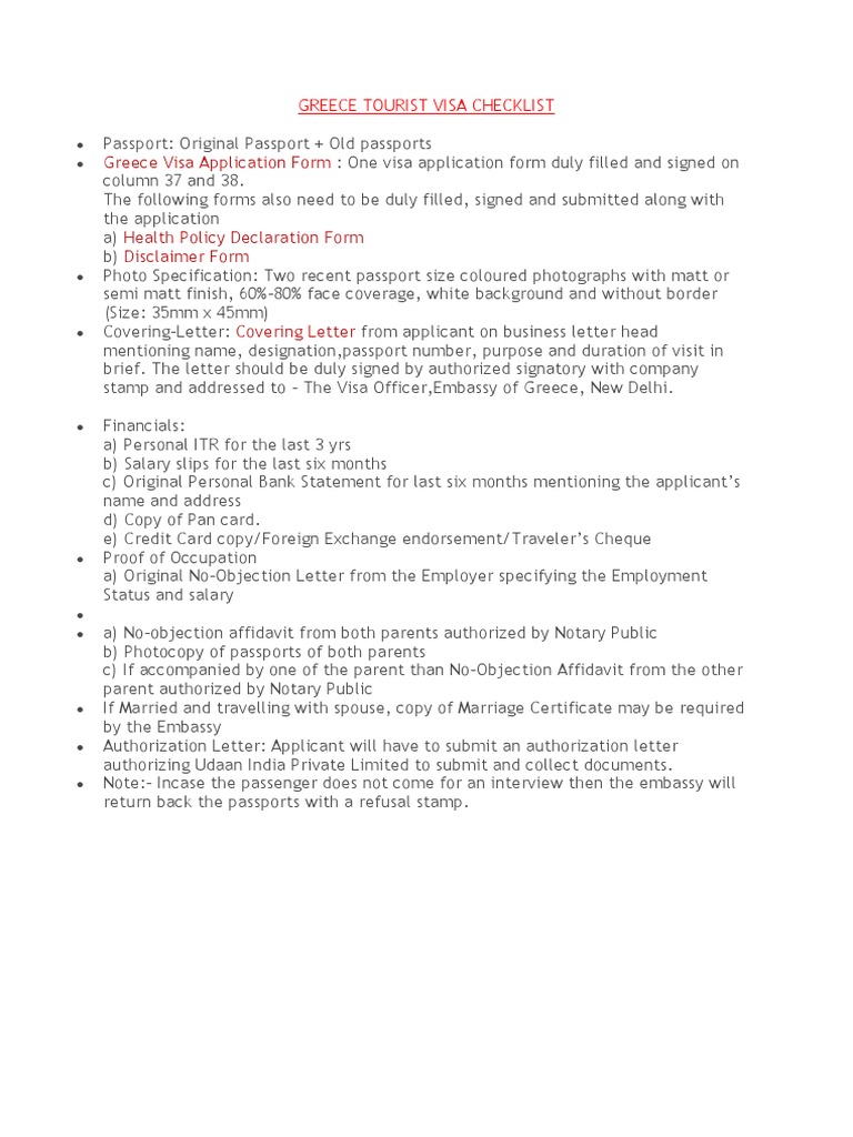 Greece Tourist Visa Checklist | PDF