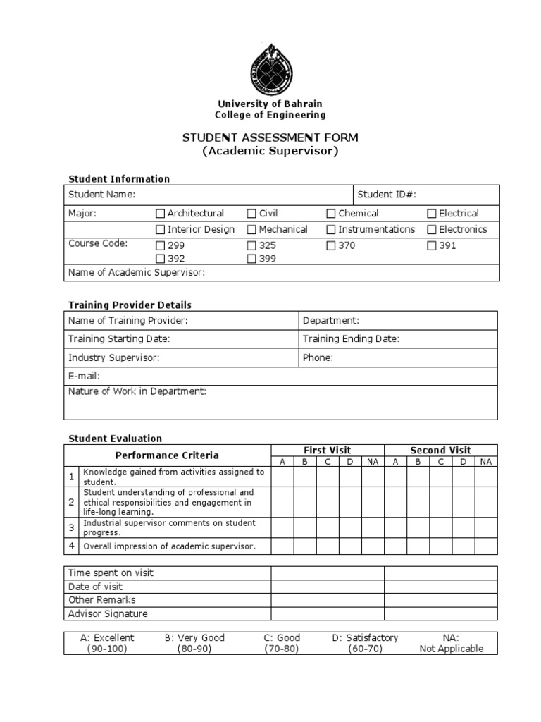Student Assessment Form (Academic Supervisor) : University of Bahrain ...