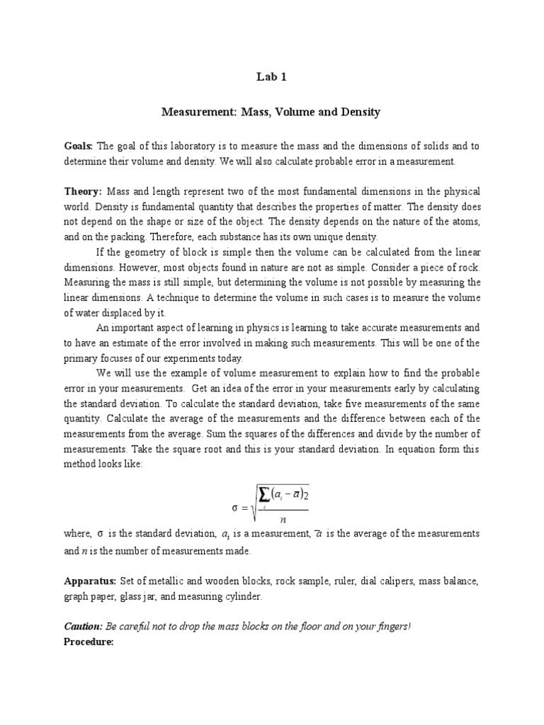 Lab 1 Measurement: Mass, Volume and Density | PDF | Measurement | Density