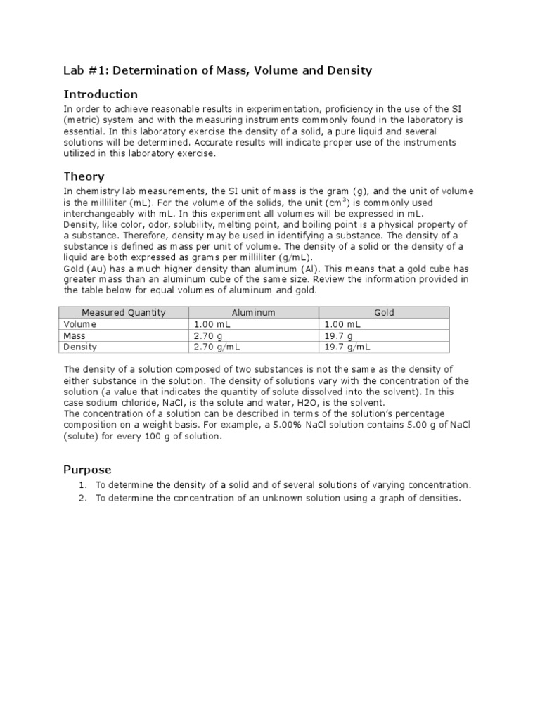 Lab #1: Determination of Mass, Volume and Density | Download Free PDF ...