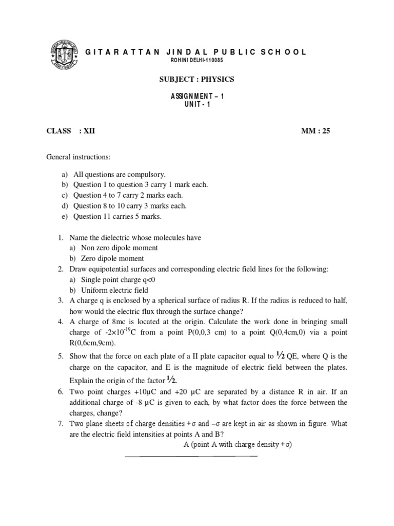 Class Xii Physics Assignment 1 Unit 1 | Download Free PDF | Electric ...