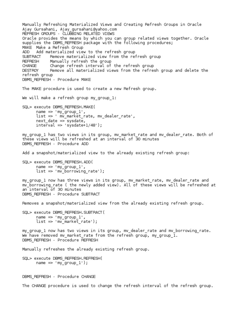 Manually Refreshing Materialized Views and Creating Refresh Groups in ...
