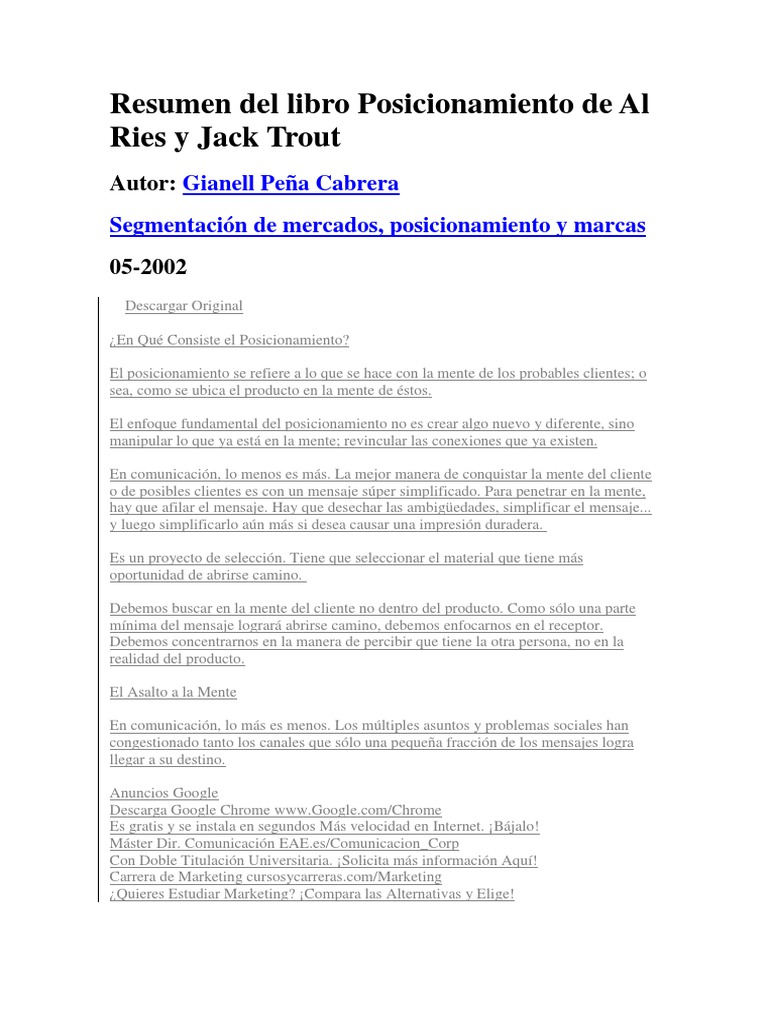 Resumen Del Libro Posicionamiento de Al Ries y Jack Trout | PDF ...