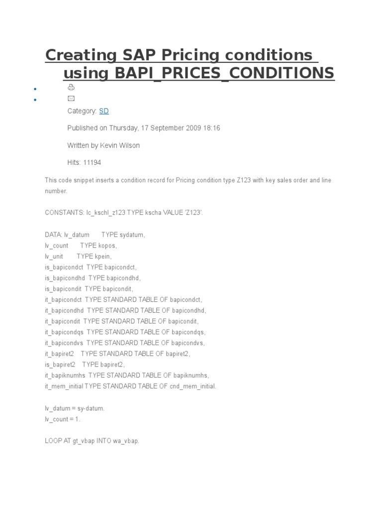 Creating SAP Pricing Conditions Using BAPI | PDF | Computer ...