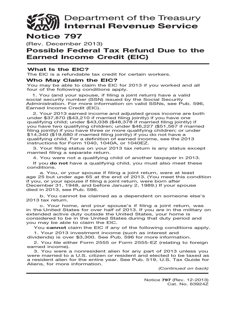 Internal Revenue Service: Notice 797 | PDF | Earned Income Tax Credit | Government Of The United ...