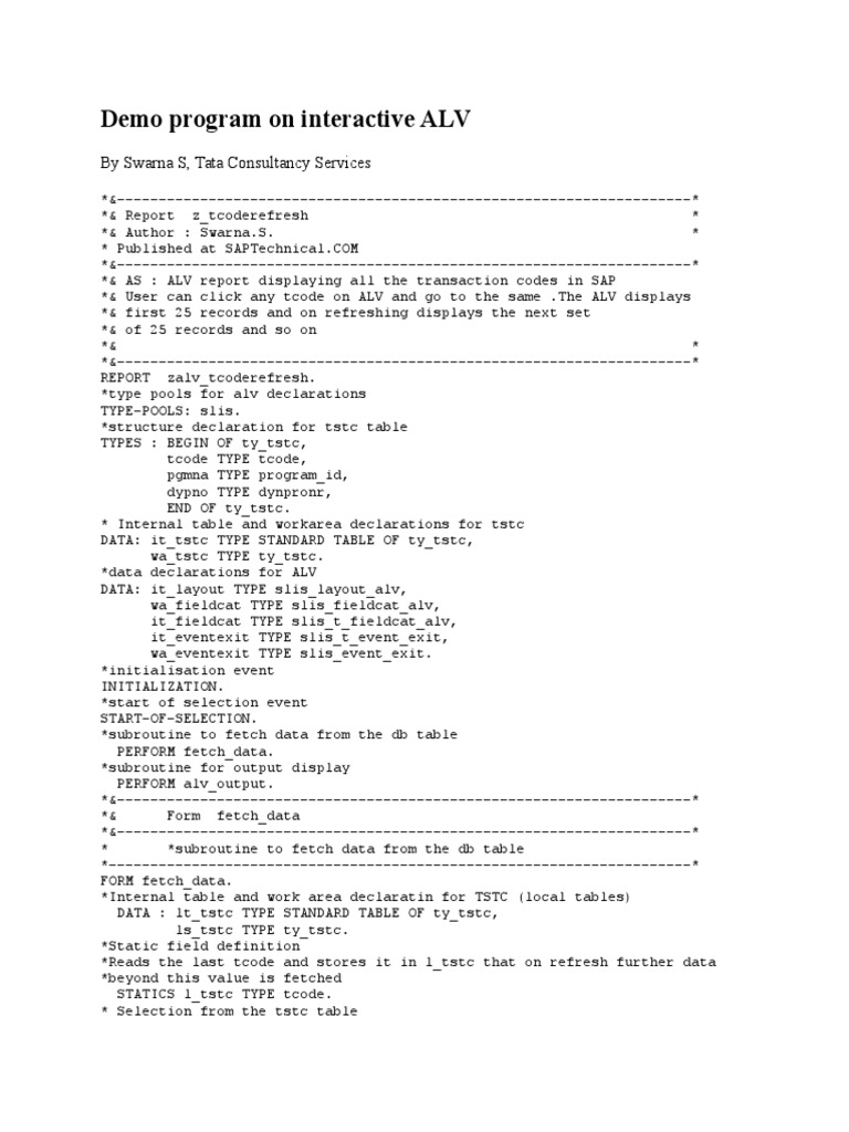 Demo Program On Interactive ALV | PDF | Graphical User Interfaces | Database Index
