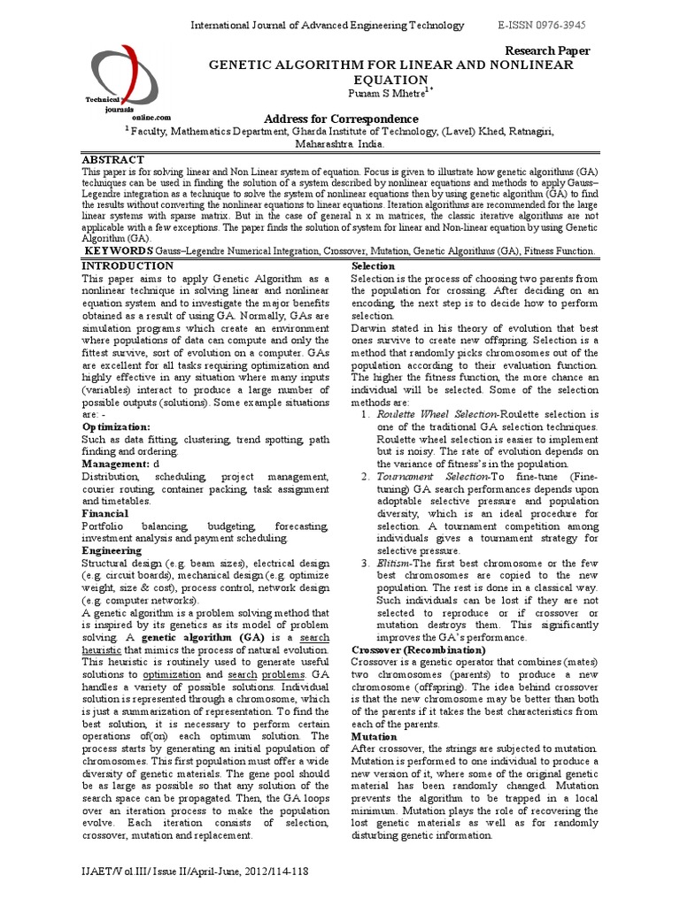 Genetic Algorithm For Linear And Nonlinear Pdf System Of Linear Equations Genetic Algorithm
