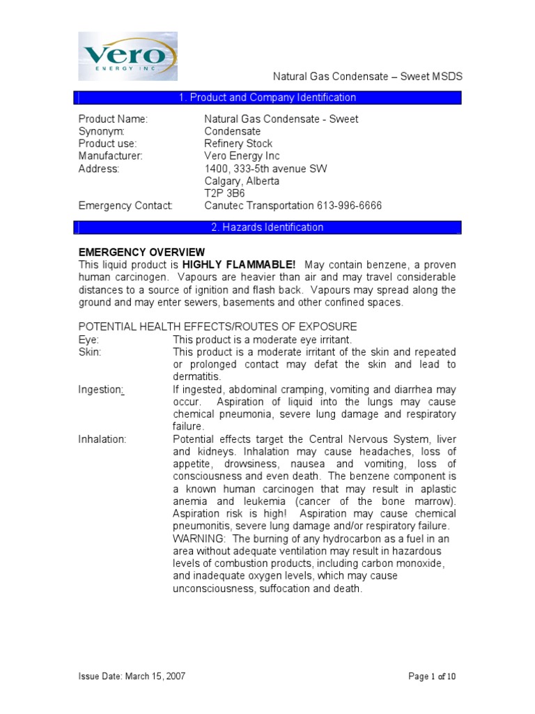 Natural Gas Condensate Safety Guide | PDF | Benzene | Combustion