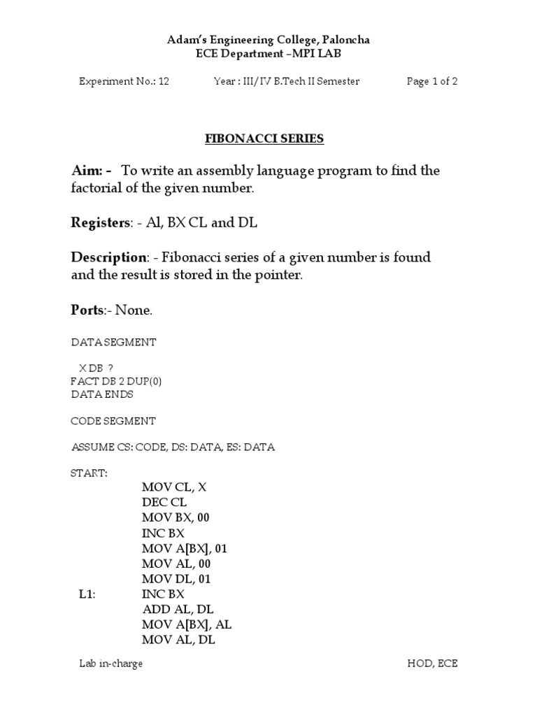 Fibonacci Series Assembly Program | PDF