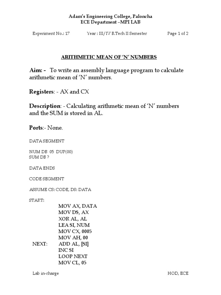 Assembly Program for Arithmetic Mean | PDF | Computer Programming ...
