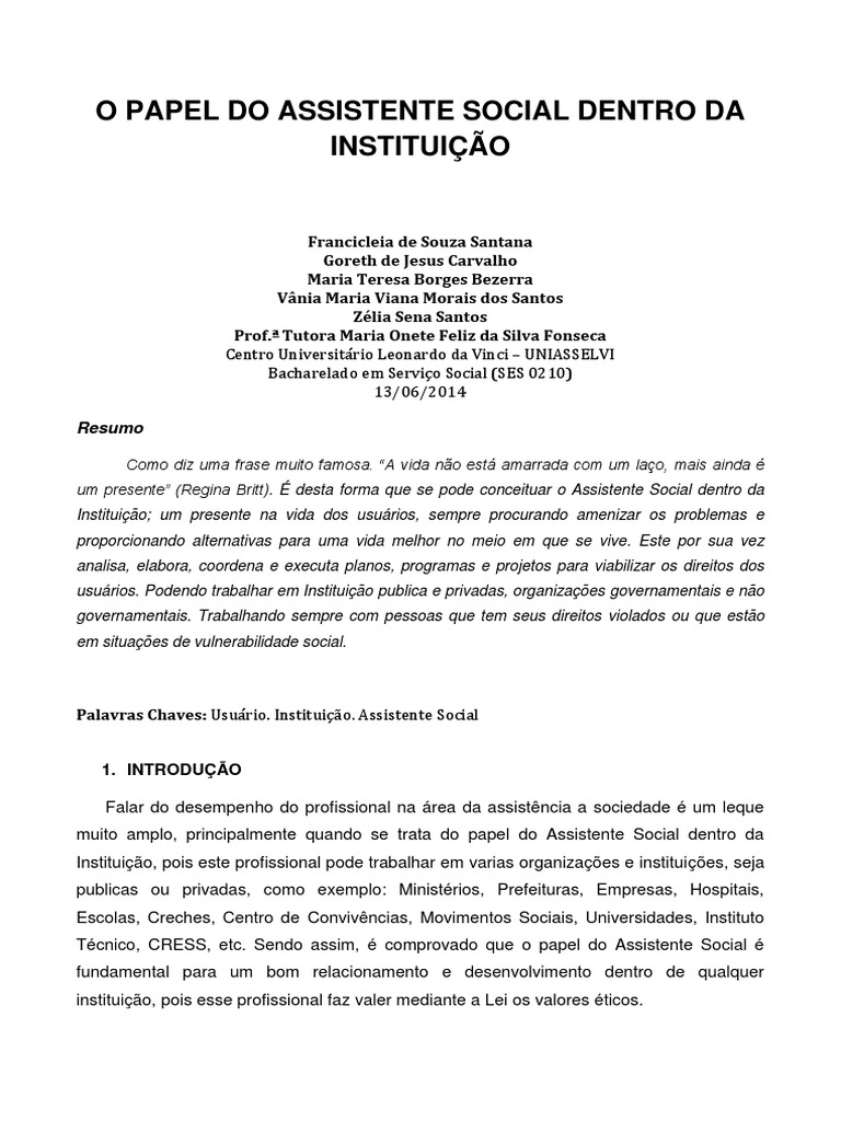 Papel do Assistente Social na Instituição | PDF | Trabalho social ...