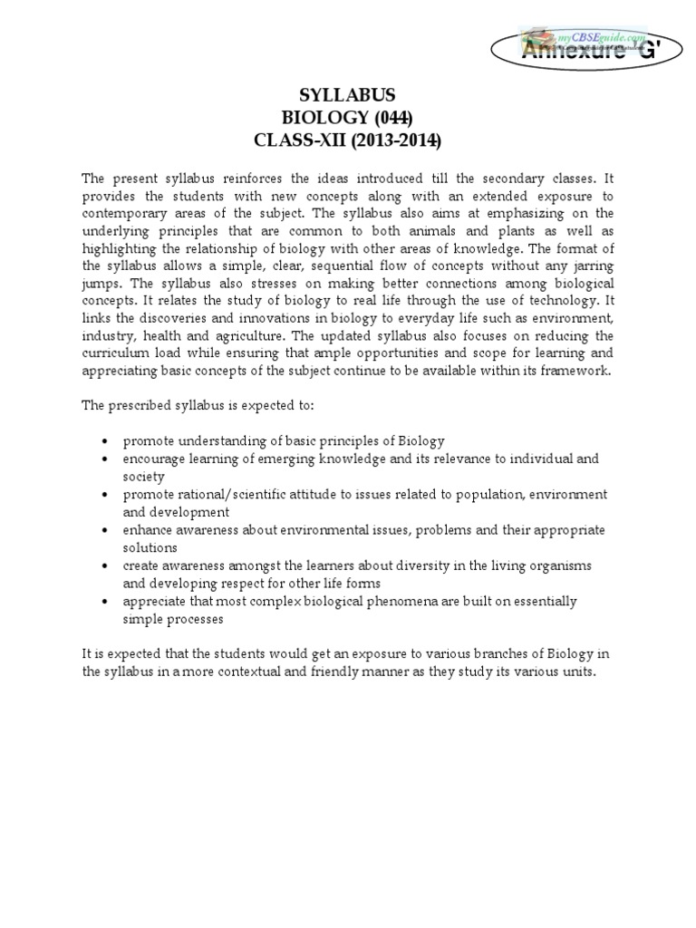 Annexure 'G': Syllabus BIOLOGY (044) CLASS-XII (2013-2014) | PDF | Gene ...