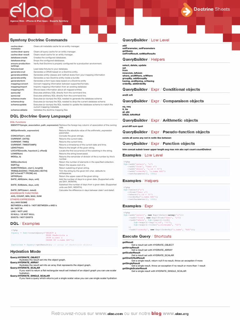 Cheat Sheets Symfony2 Doctrine2 | PDF | Databases | Sql