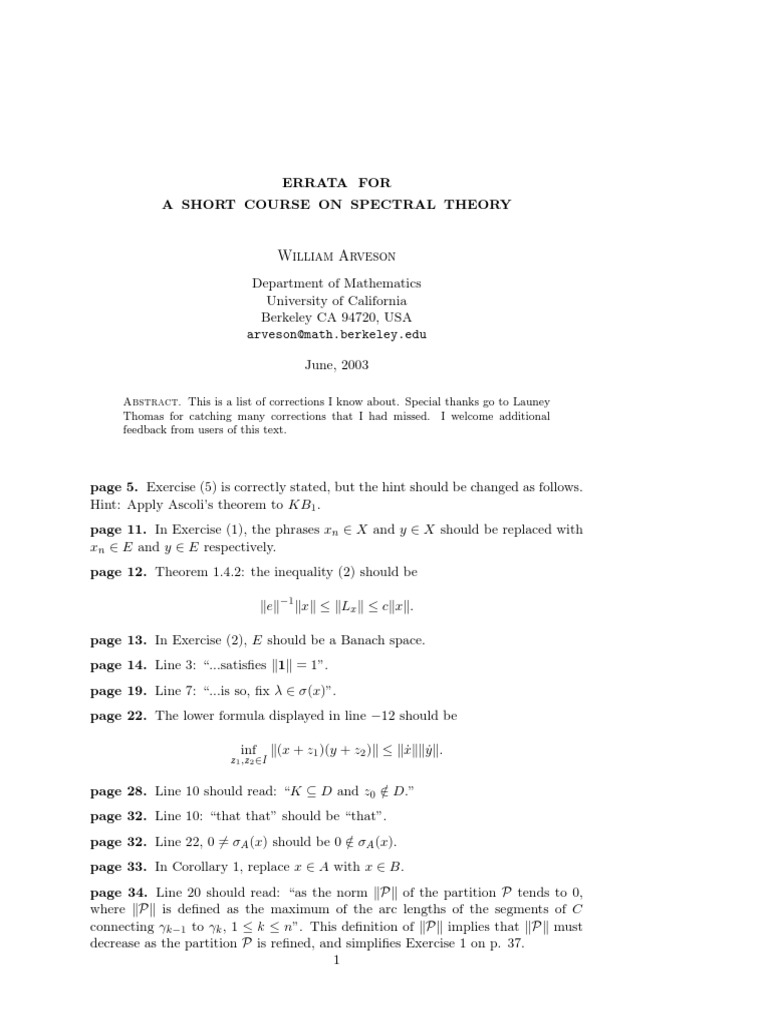 Arveson - Errata | PDF | Mathematical Concepts | Functions And Mappings