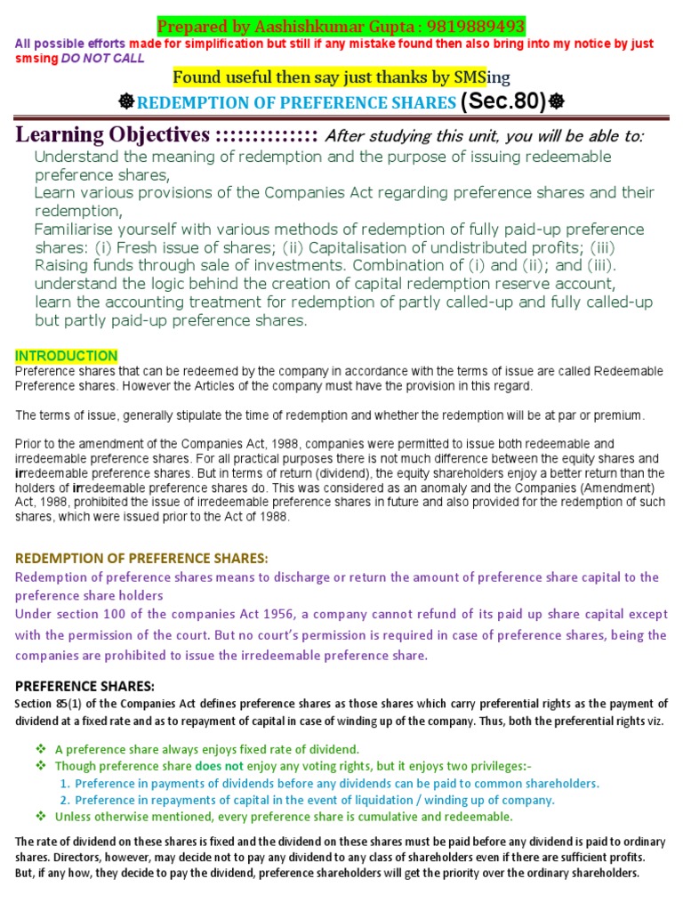 Redemption of Preference Shares | PDF | Preferred Stock | Dividend