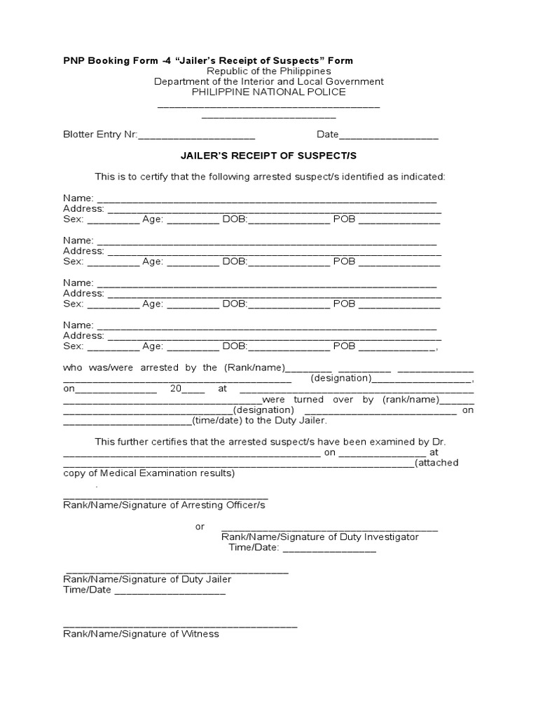 Jailer’s Receipt for Arrested Suspects | PDF