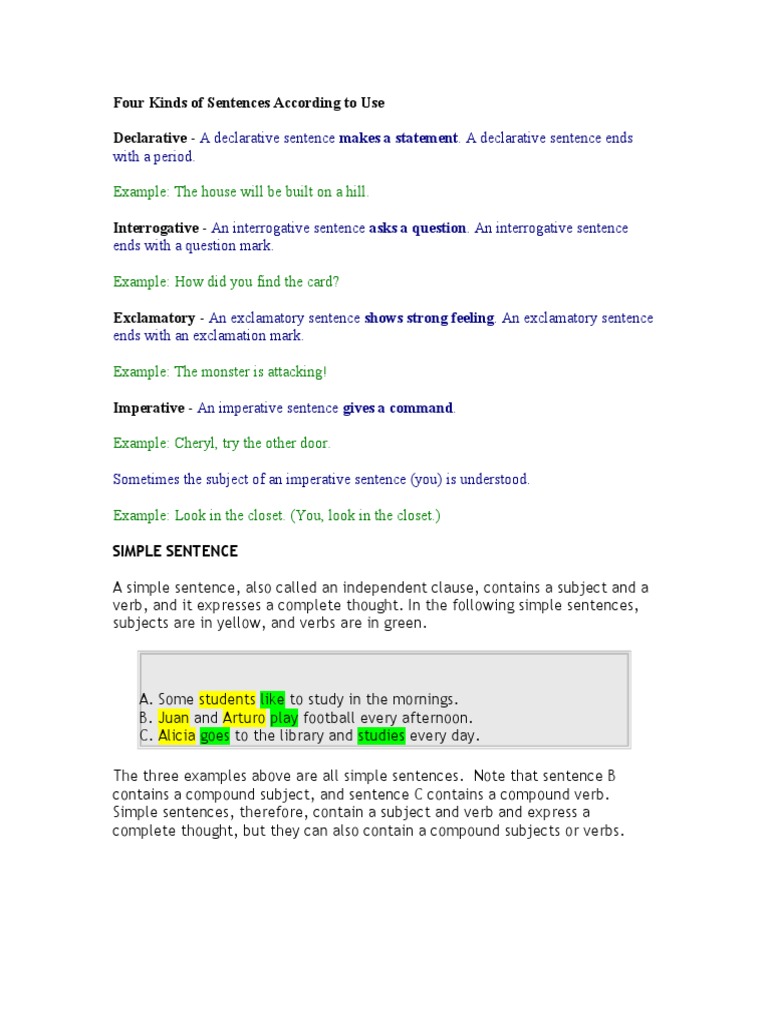 Four Kinds of Sentences According To Use | PDF | Clause | Sentence ...