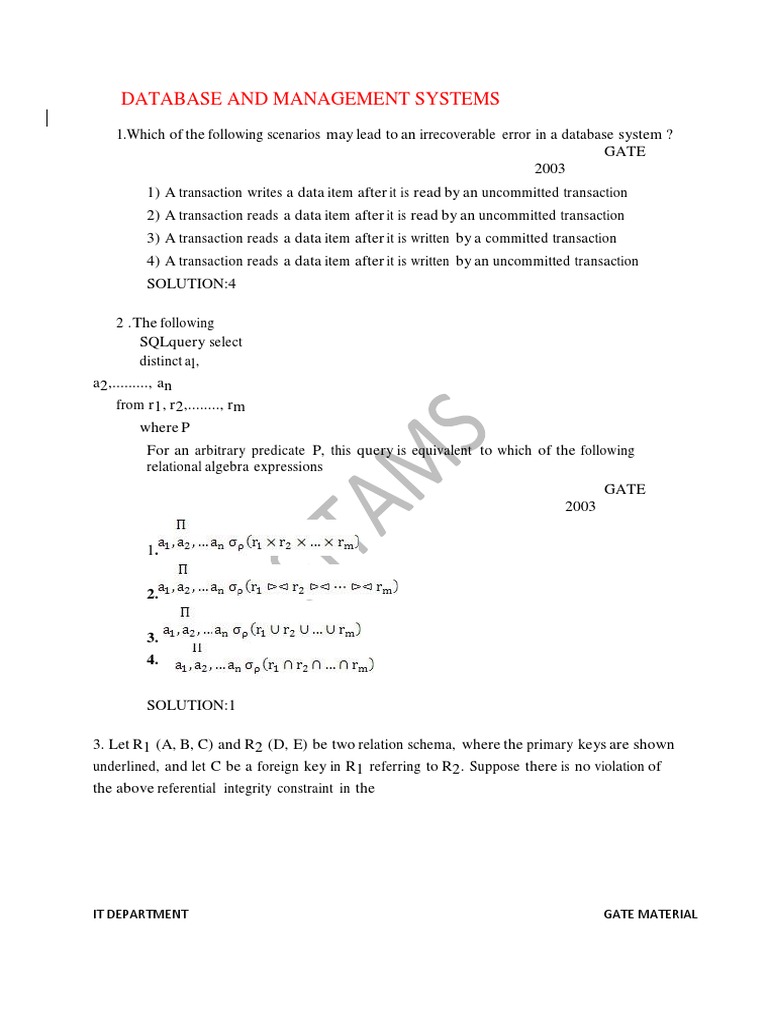 Dbms It Gate | PDF | Relational Model | Database Transaction