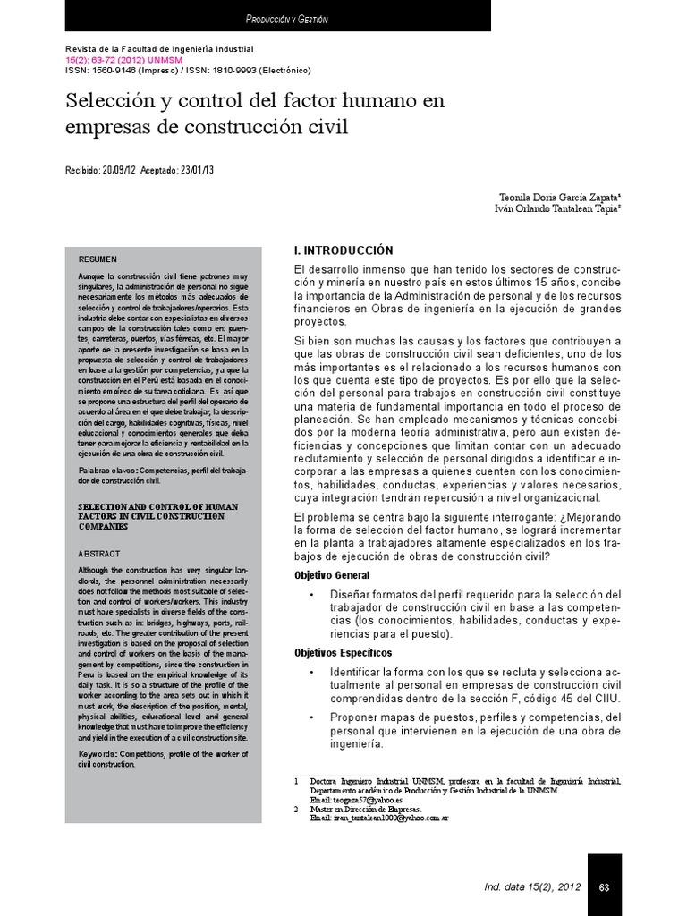 Selección y Control Del Factor Humano en Empresas de Construcción Civil ... Selección y Control Del Factor Humano en Empresas de Construcción Civil ...