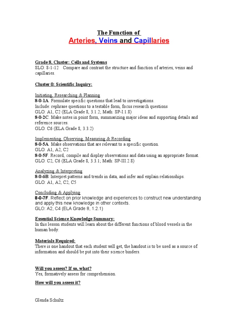 8-1-12 - Blood Vessels - Lesson | PDF