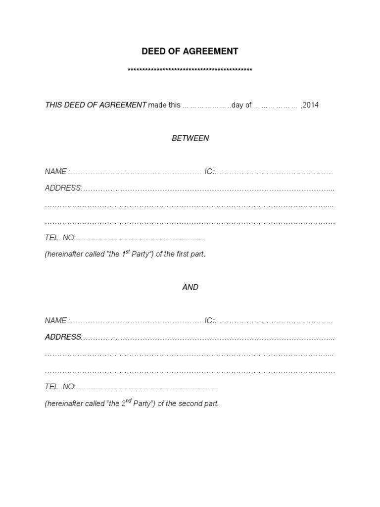 Deed of Agreement: Made This ..Day Of, 2014 | Download Free PDF ...