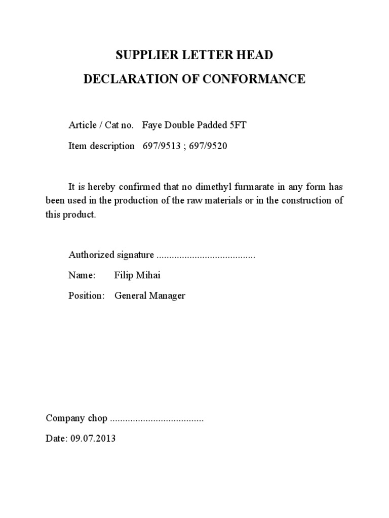 Supplier Letter Head Declaration of Conformance | PDF