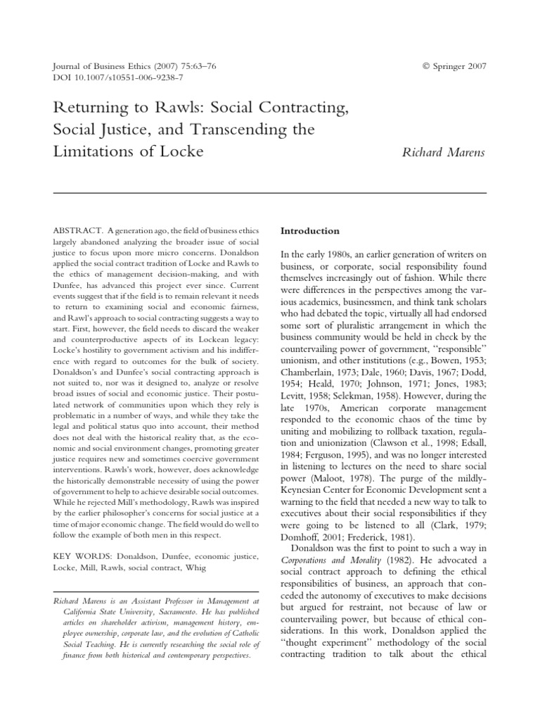 Richard Marens Returning To Rawls Social Contracting, Social Justice ...