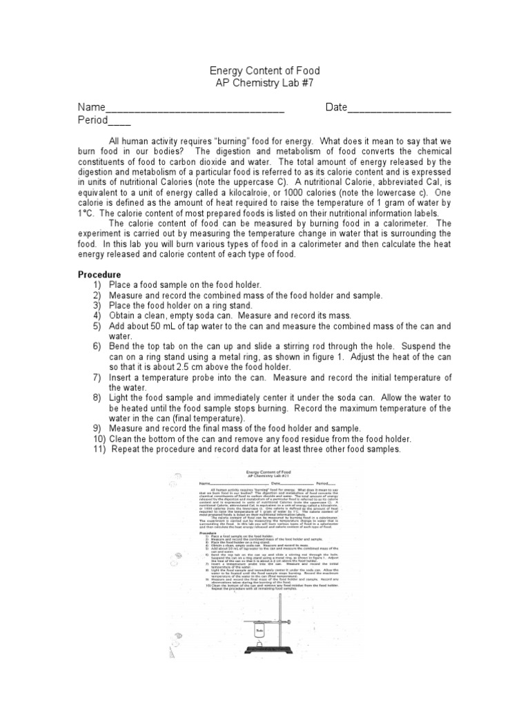Energy Content of Food AP Chemistry Lab #7 Name - Date - Period | PDF ...