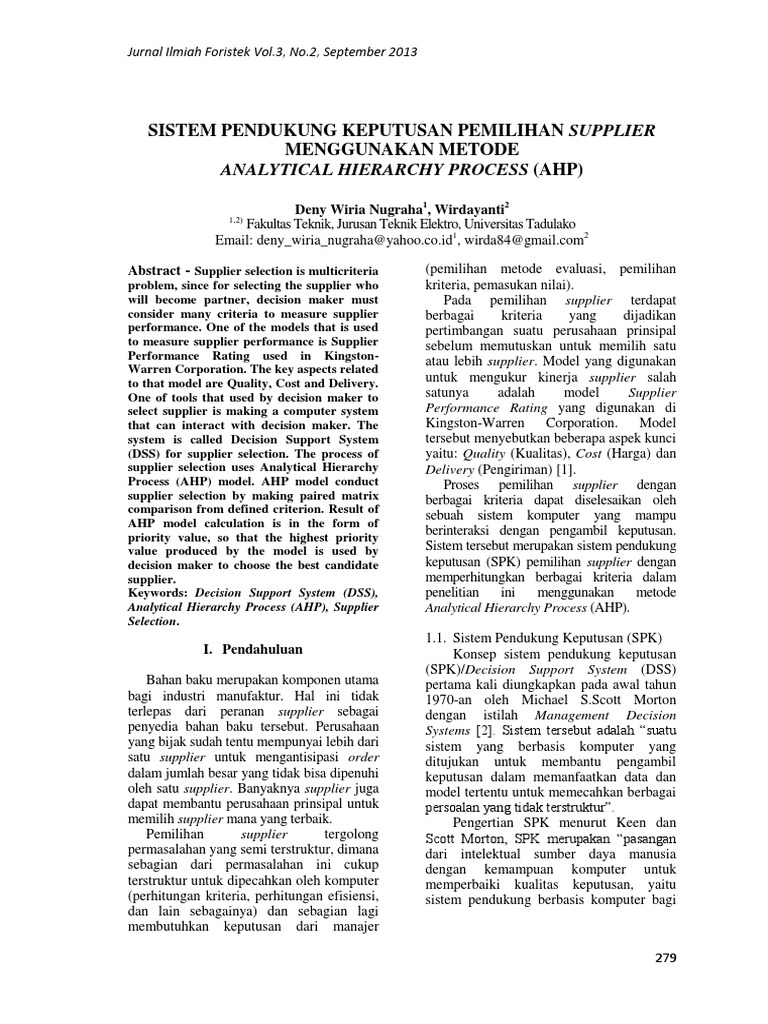 Sistem Pendukung Keputusan Pemilihan Supplier Menggunakan Metode Analytical Hierarchy Process ...
