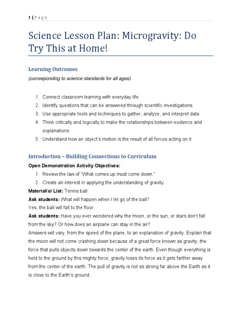 Science Lesson Plan: Microgravity: Do Try This at Home! | PDF ...