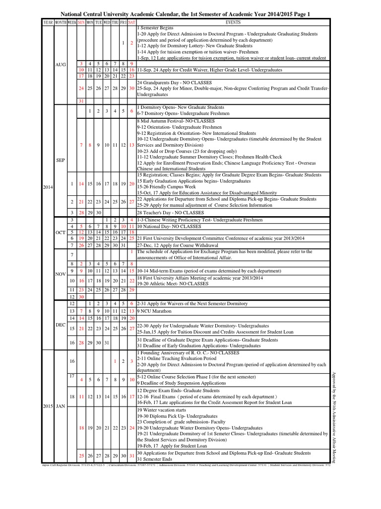 National Central University Academic Calendar, The 1st Semester of ...