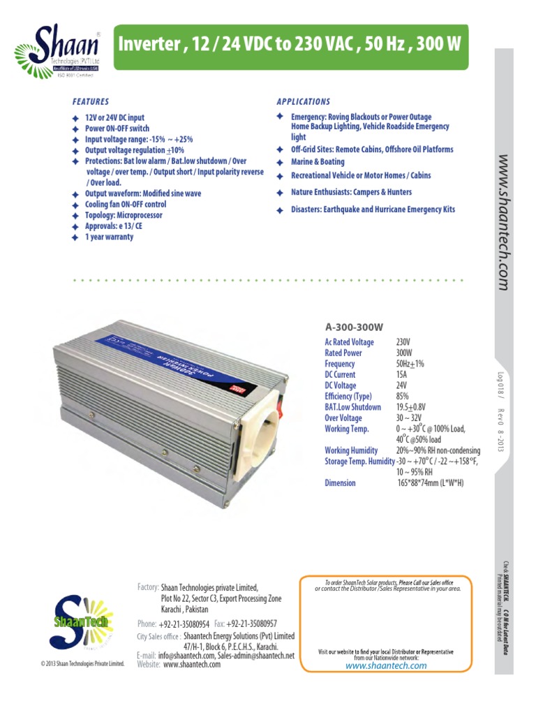 Inverter, 12 / 24 VDC To 230 VAC, 50 HZ, 300 W: With Built-In Cell ...