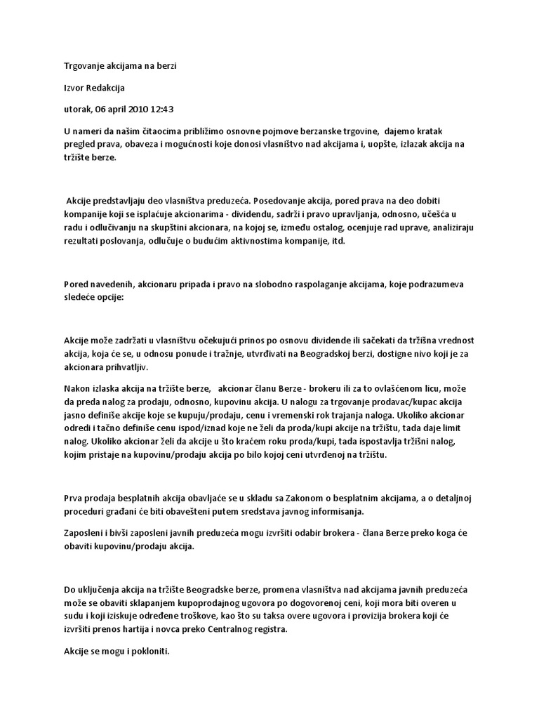 Trgovanje Akcijama Na Berzi | PDF