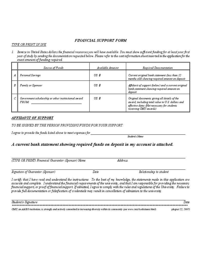Financial Support Form | PDF | United States Dollar | Deposit Account