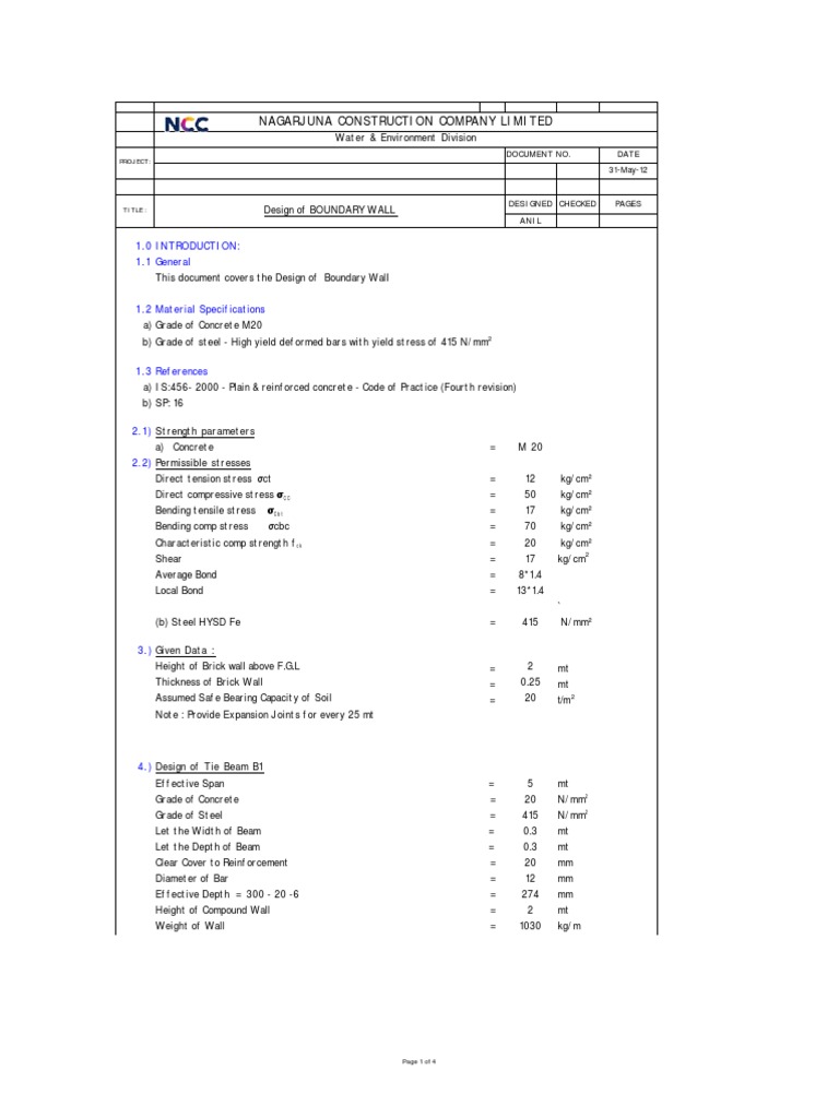 Design of Compound Wall | PDF | Beam (Structure) | Bending