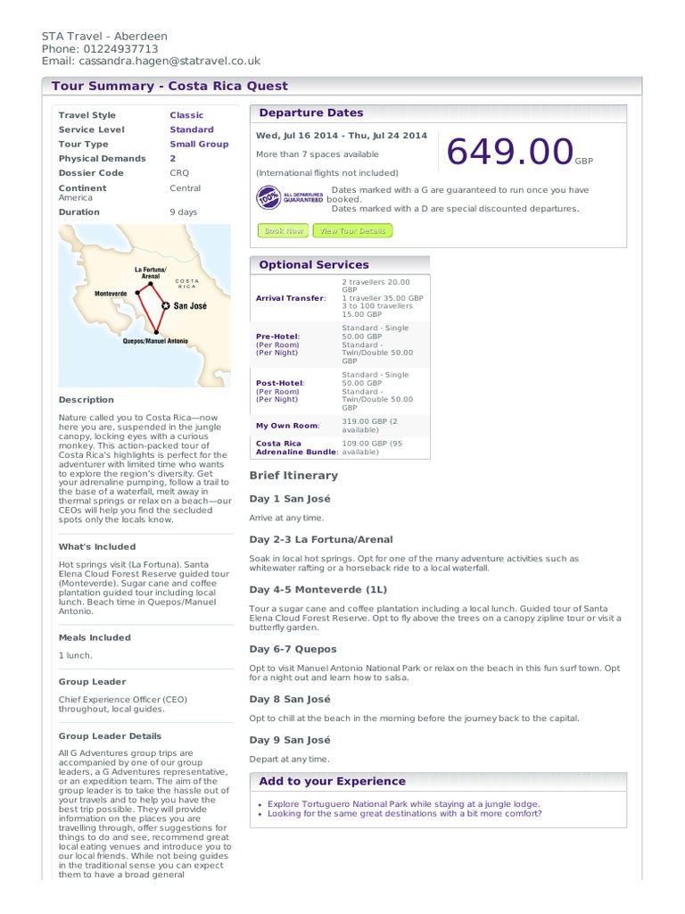 Tour Summary - Costa Rica Quest: Departure Dates | PDF | Leisure