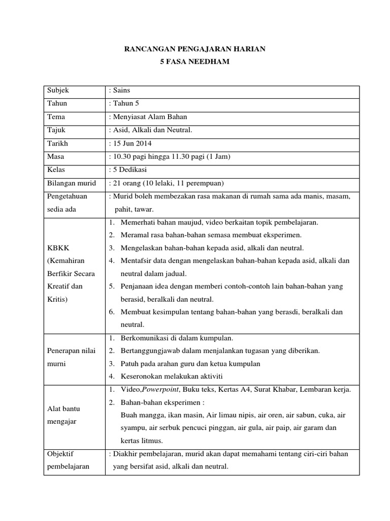 Rancangan Pengajaran Harian 5 Fasa Needham | PDF