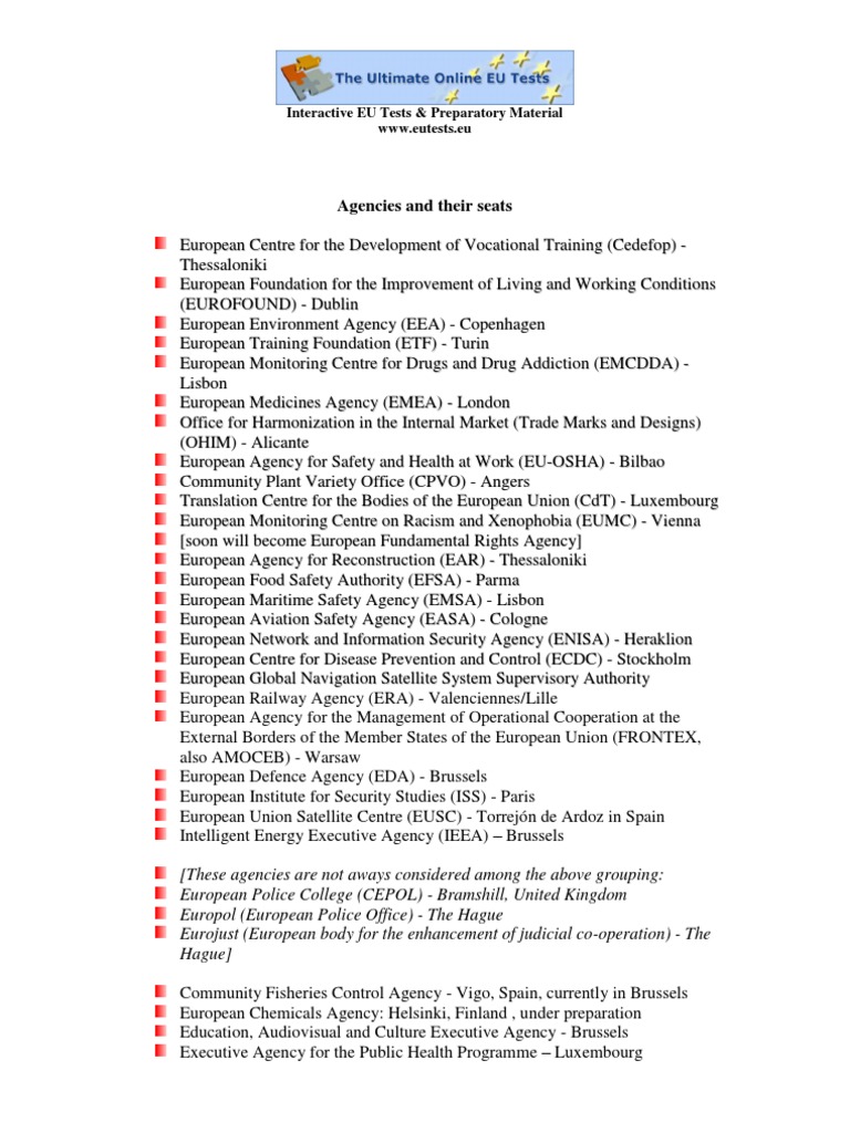 Agencies of The EU and Their Seats | PDF | Science & Mathematics