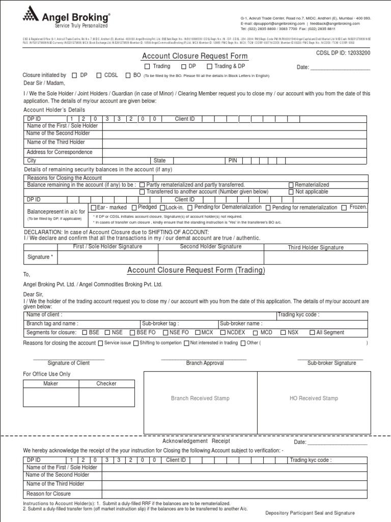 Angel - Account Closure Request Form | PDF | Financial Markets ...
