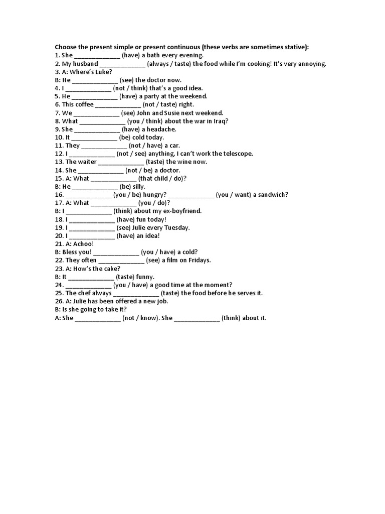 Choose The Present Simple or Present Continuous Stative Verbs PDF | PDF