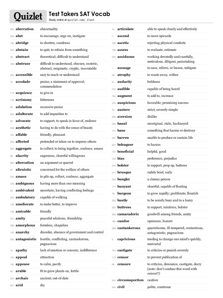 Test Takers SAT Vocab (Alpha) | PDF | Emotions | Psychological Concepts