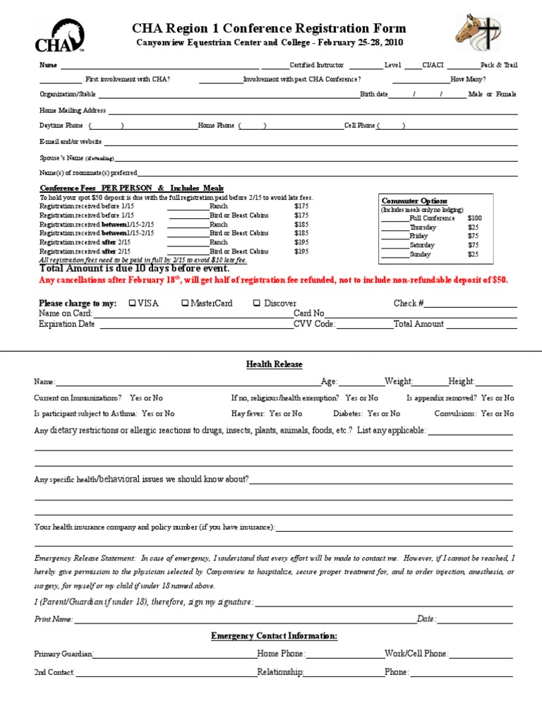 CHA Region 1 Conference Registration Form | Download Free PDF ...